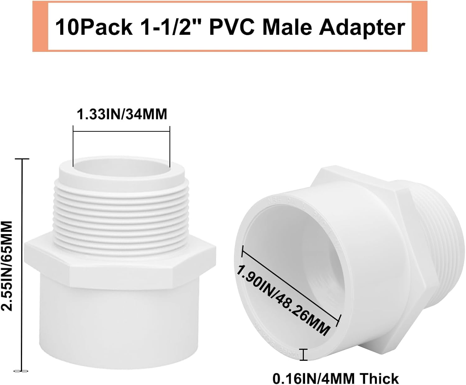 XUERUI-10Pack 1-1/2" PVC Male Adapter Pipe Fittings (Socket x Pipe ...