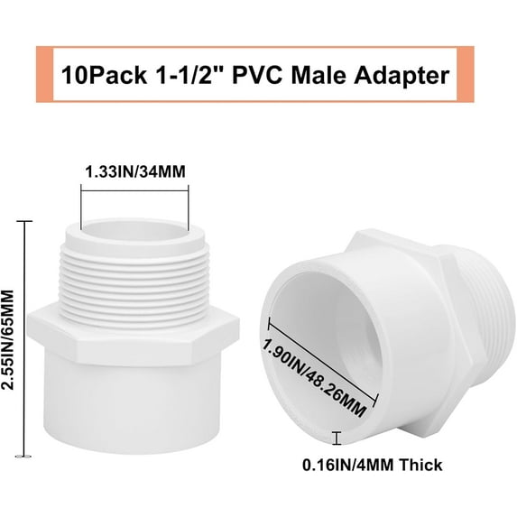 XUERUI-10Pack 1-1/2" PVC Male Adapter Pipe Fittings (Socket x Pipe ...