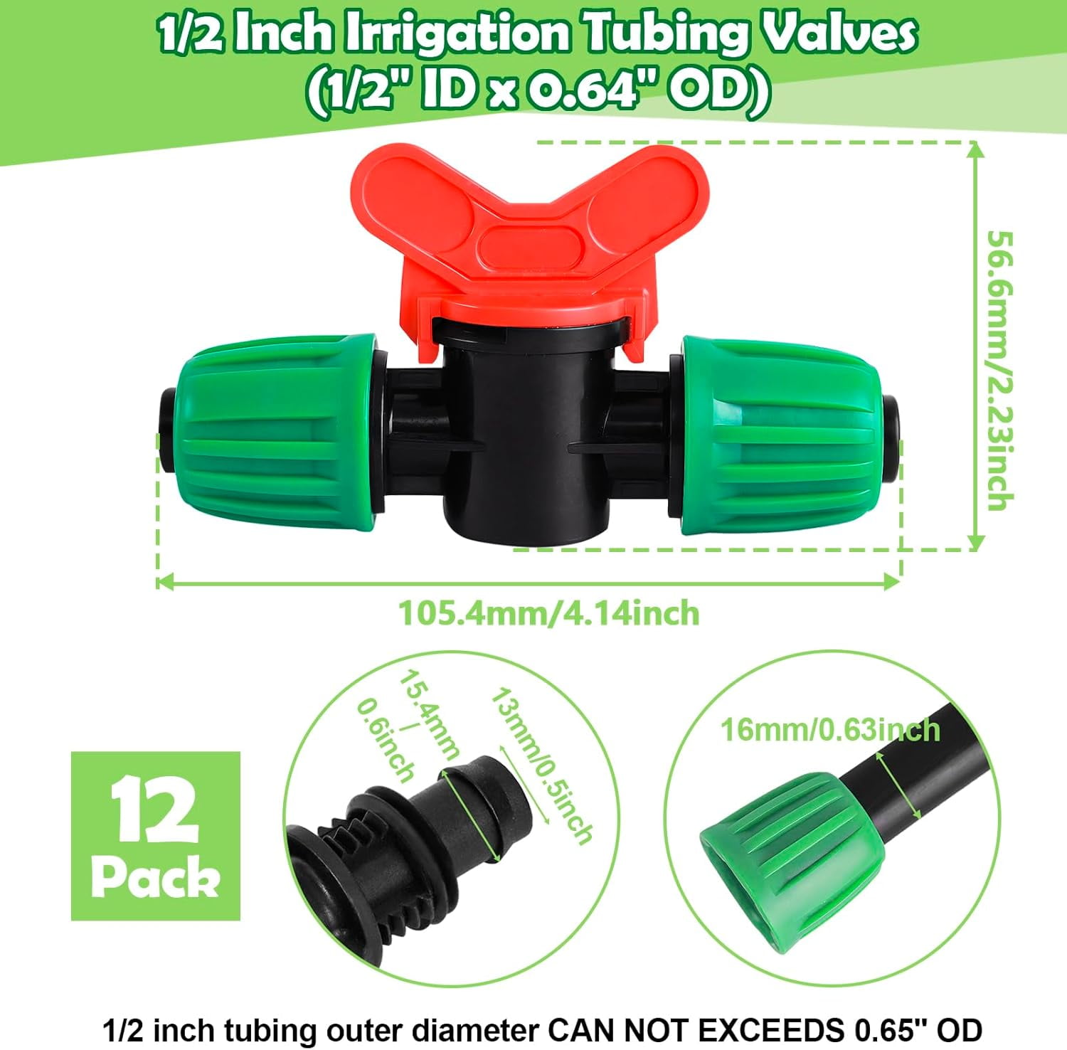 XUERUI-12 Pack 1/2 Inch Drip Irrigation Shut Off Valve (1/2" ID x 0.65 ...