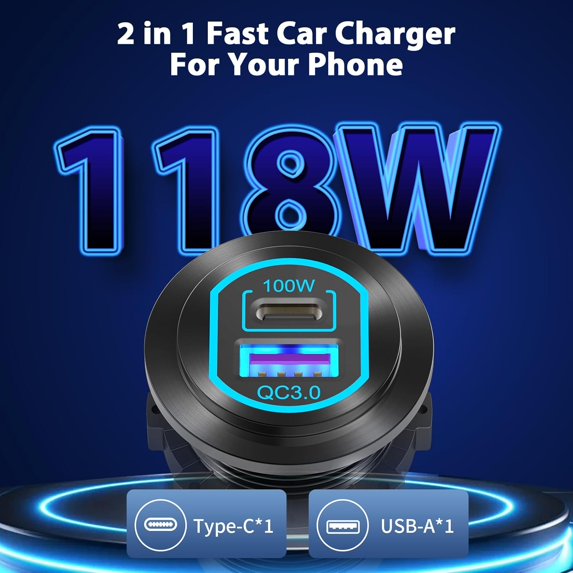 XUERUI-12 Volt USB C Outlet PD 100W Car USB Port for Laptop and QC3.0 ...