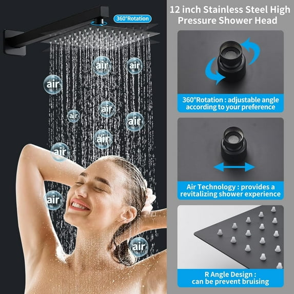 XUERUI-12 inch Matte Black Shower Head, Modern Rain Shower Head ...