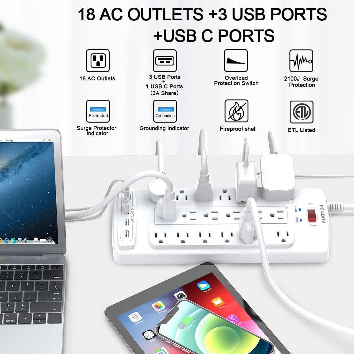 XUERUI-18 Outlets Surge Protector Power Strip - 10 Feet Flat Plug Heavy ...