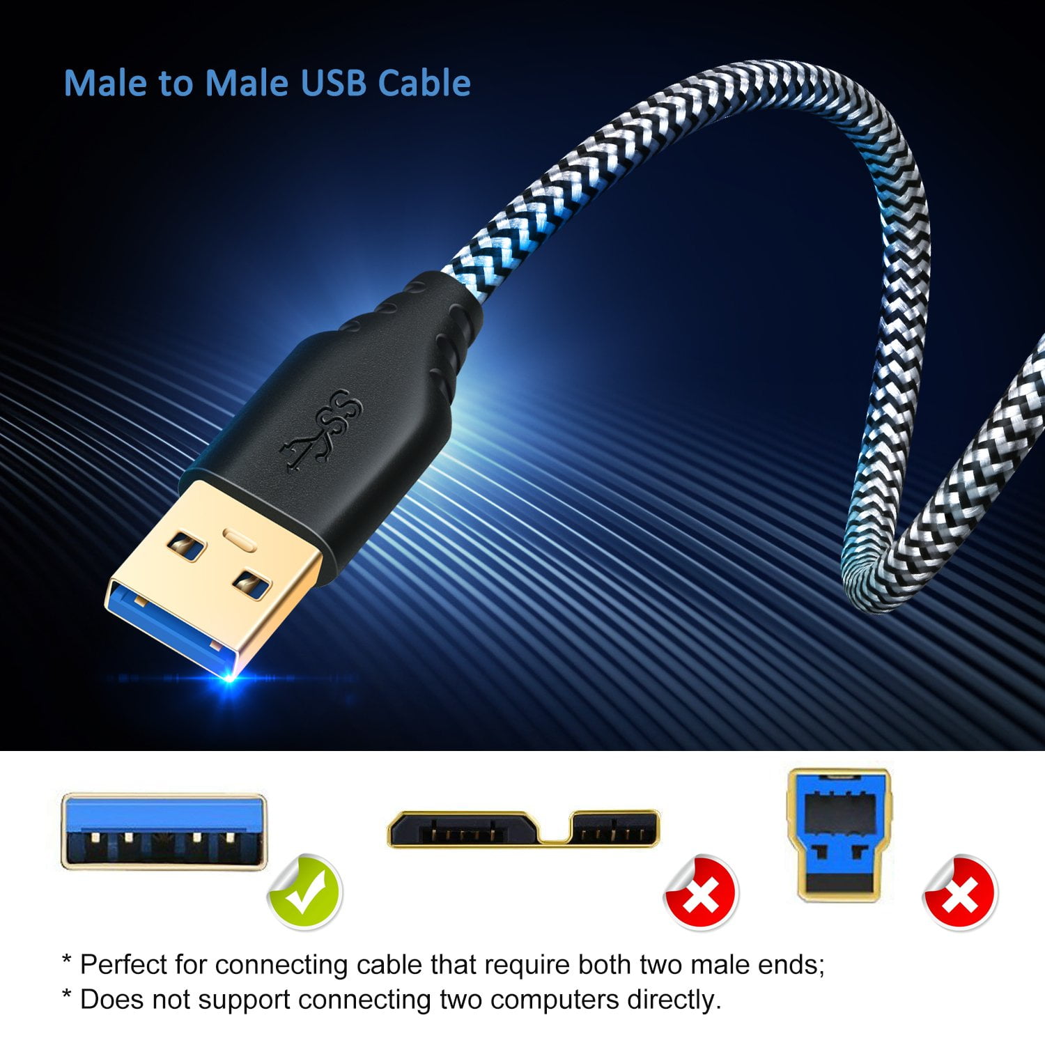 XUERUI-2-Pack 1.5ft Short Braided USB 3.0 A to A Cable - Male to Male ...
