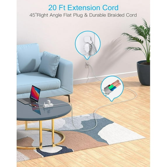 XUERUI-20 Ft Extension Cord with Multiple Outlets, Flat Plug Power ...