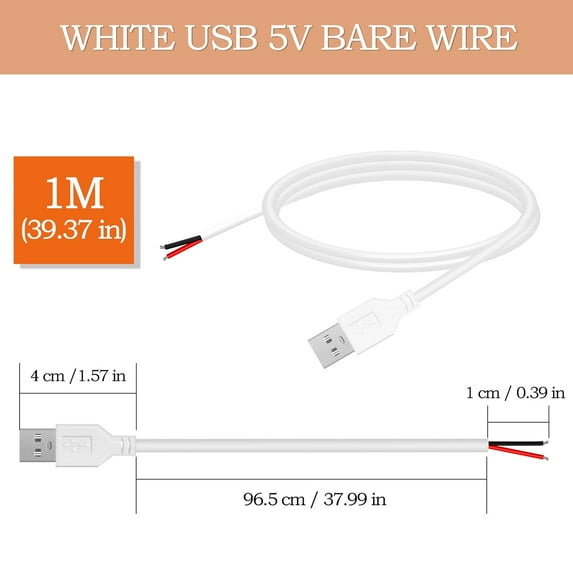 XUERUI-24AWG USB 2.0 Male 2 Pin Bare Wire Pigtail Cable, 5V 2A USB ...