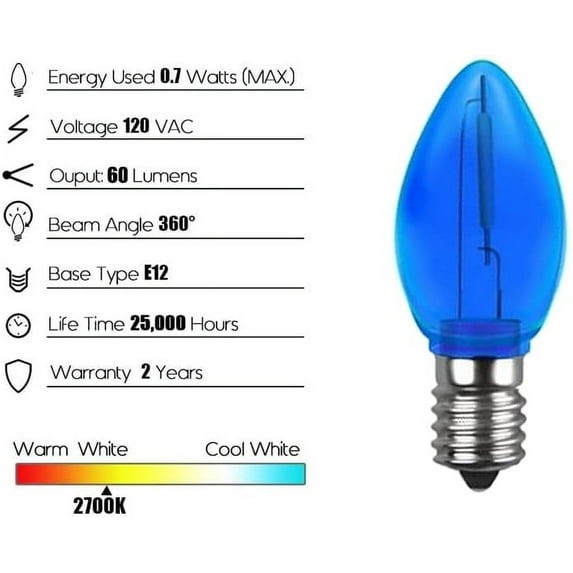 XUERUI-25 PCS C7 Blue E12 Candelabra Base Shatterproof Plastic ...