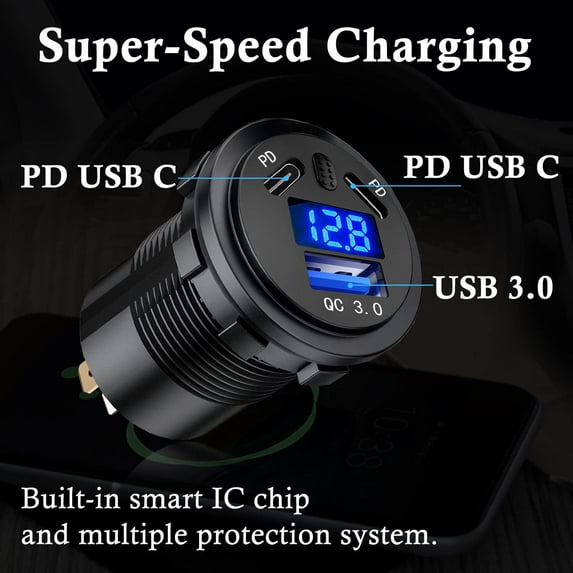 XUERUI-3 Ports Car Charger Socket Dual 45W PD Type C & 18W QC 3.0 with ...