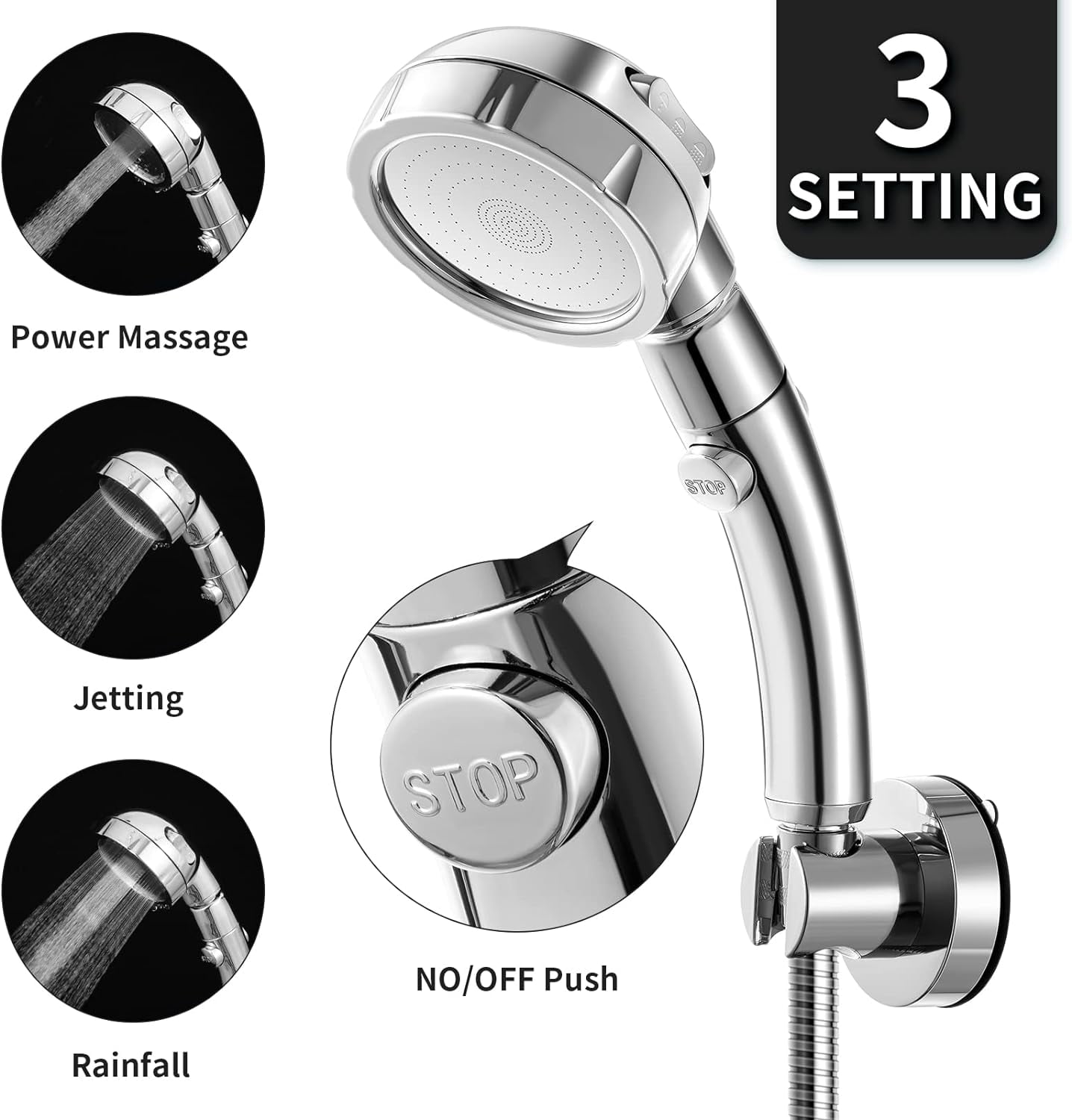 XUERUI-3-Settings Handheld High Pressure Showerhead with ON/Off Full ...