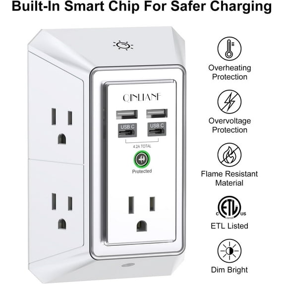 XUERUI-3-Sided Outlet Extender with Night Light - Multi Plug Outlet ...