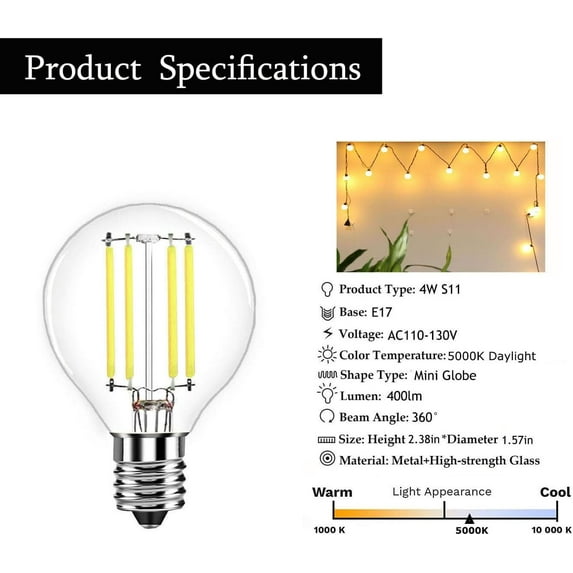 XUERUI-5-Pack S11 LED Bulbs E17 Intermediate Base Edison Globe Light ...