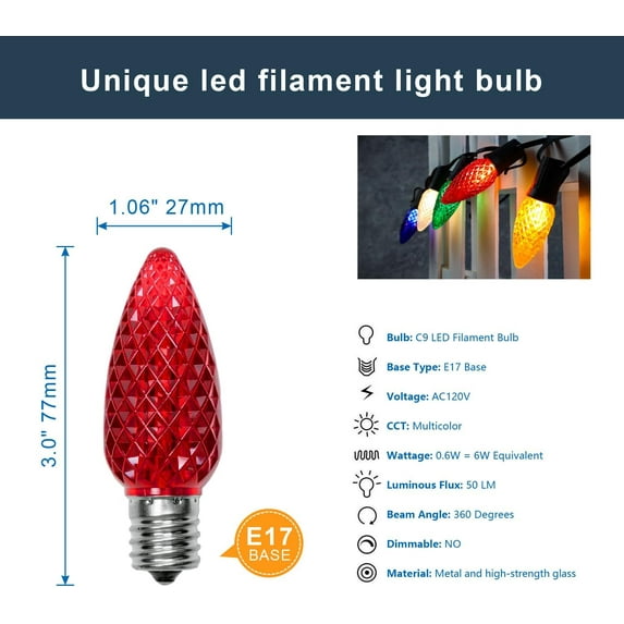 XUERUI-50 Pack Multicolor C9 LED Christmas Light Bulbs, Waterproof E17 ...