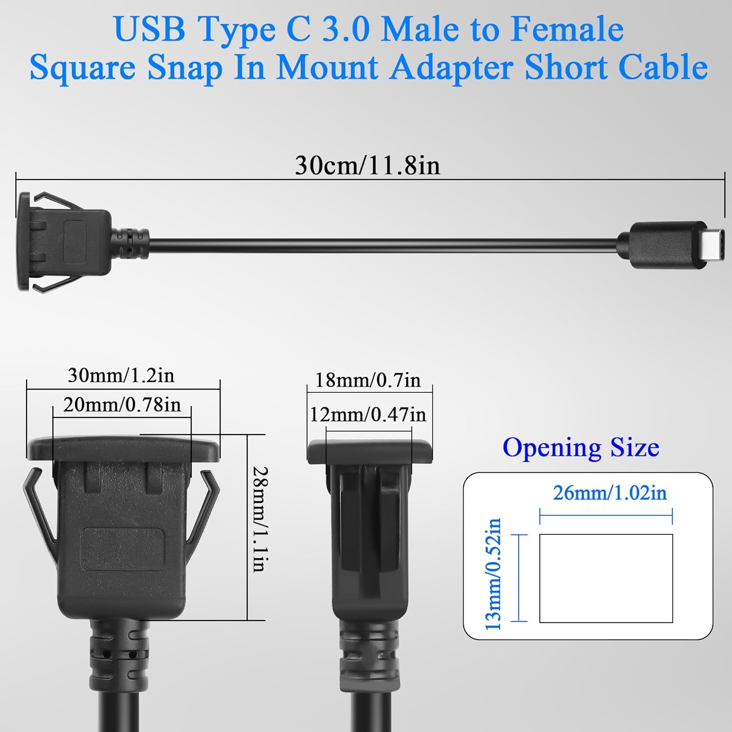 XUERUI-5Gbps USB C Square Snap in Mount Adapter Fast Charge Short Cable ...
