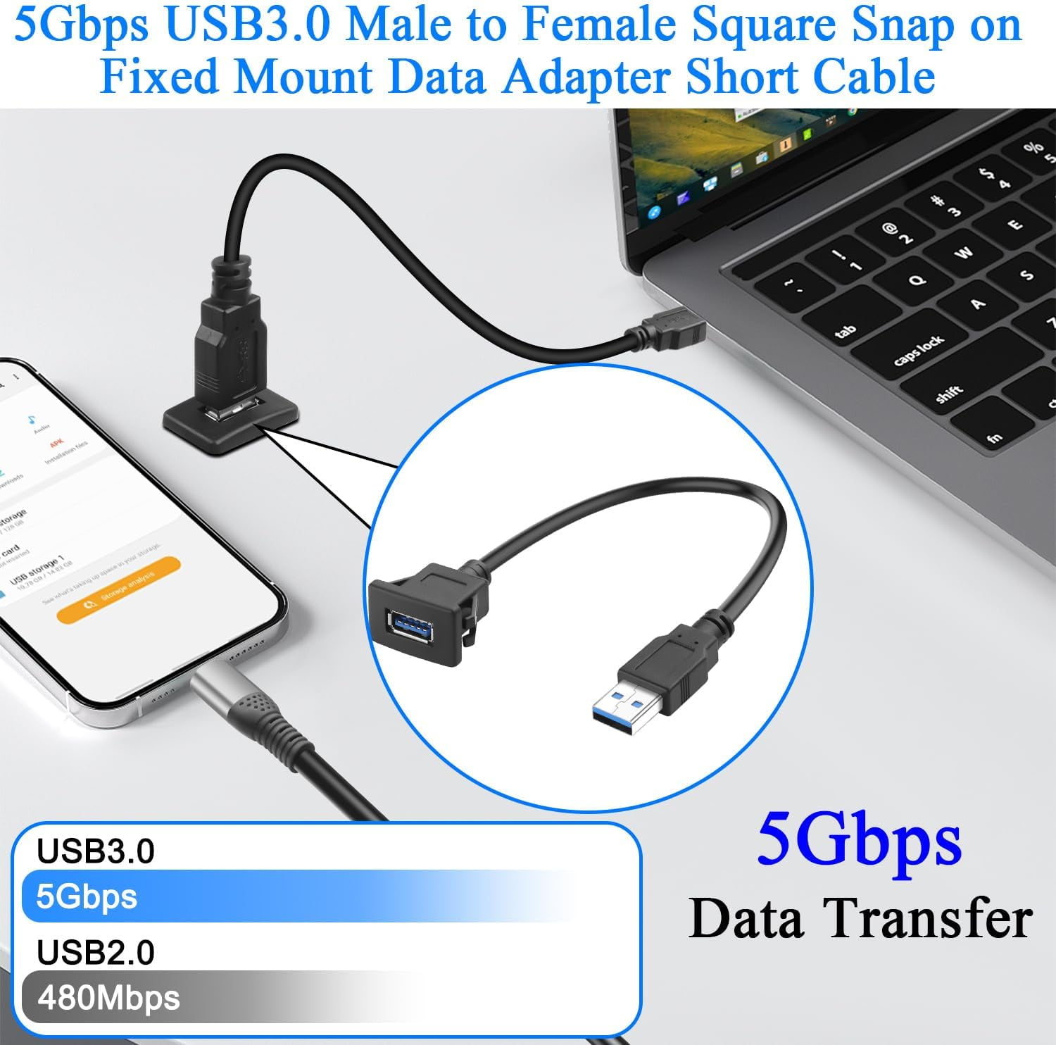 XUERUI-5Gbps USB3.0 Square Snap on Mount Adapter Short Cable USB3.0 ...