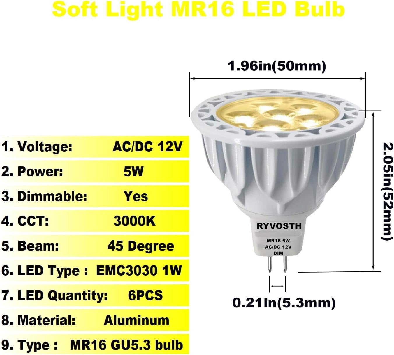 XUERUI-6-Pack MR16 Led Bulbs 5.5W Replace 35W 50W Halogen Equivalent ...