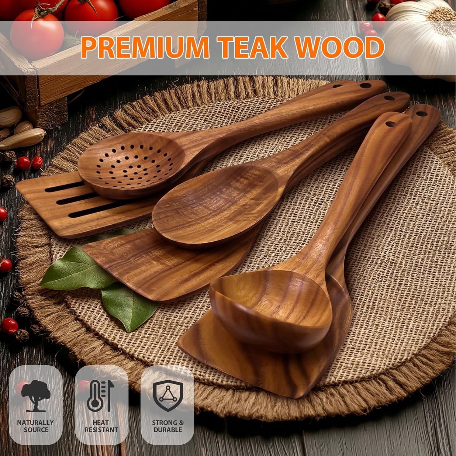 XUERUI-6 Piece Teak Wooden Utensil Set, Comfort-Grip Wooden Spoons for ...