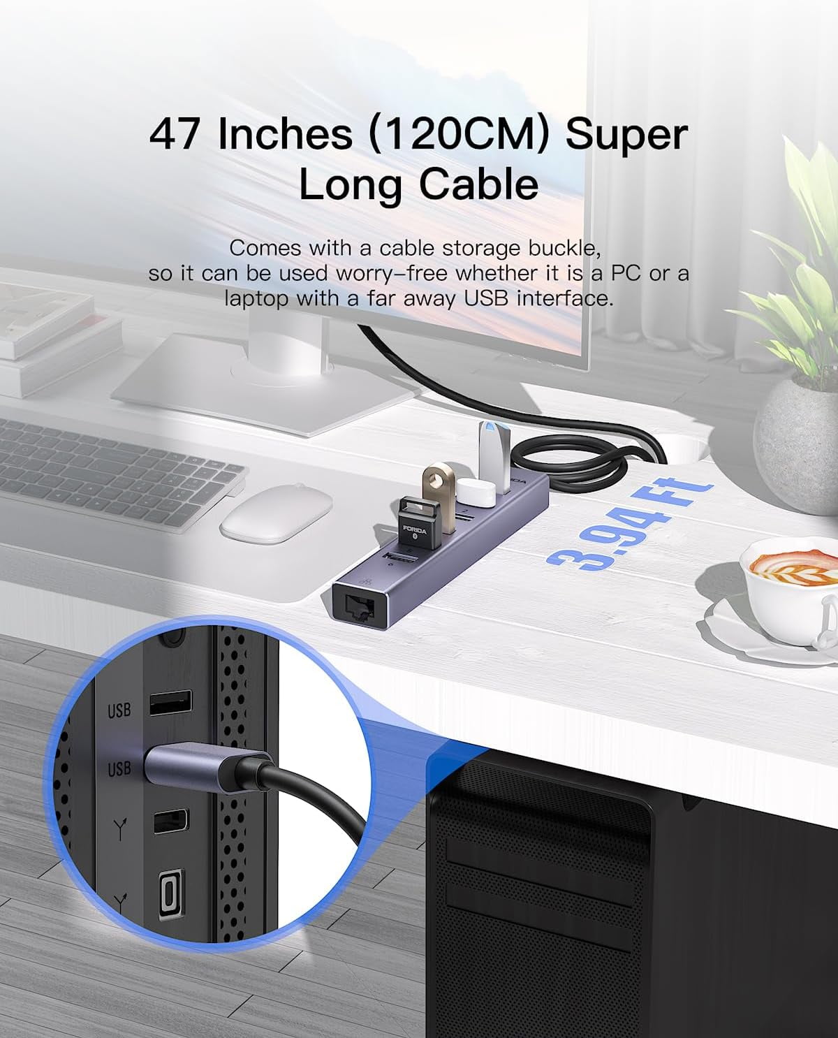 XUERUI-7 Port USB Hub - USB Ethernet HUB with 3.9ft Long Cable for ...