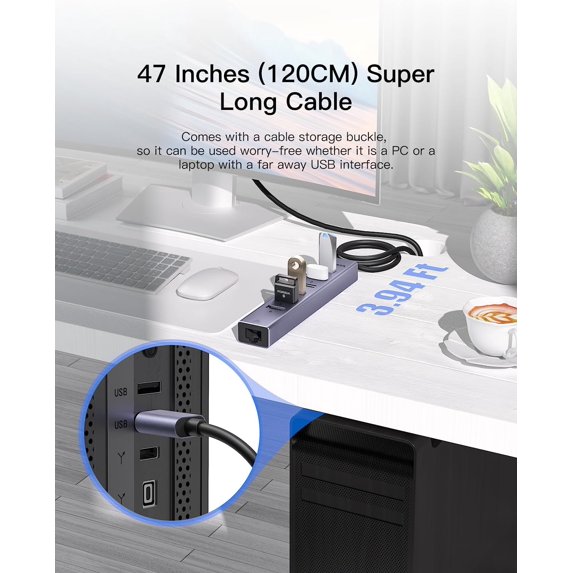 XUERUI-7 Port USB Hub - USB Ethernet HUB with 3.9ft Long Cable for ...