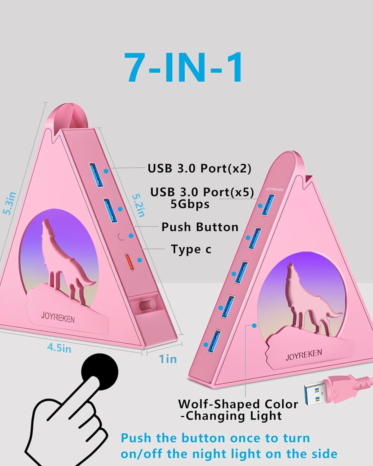 XUERUI-7 USB 3.0 Ports, Howling Wolf Pink USB Hub - 2FT Long Cable ...