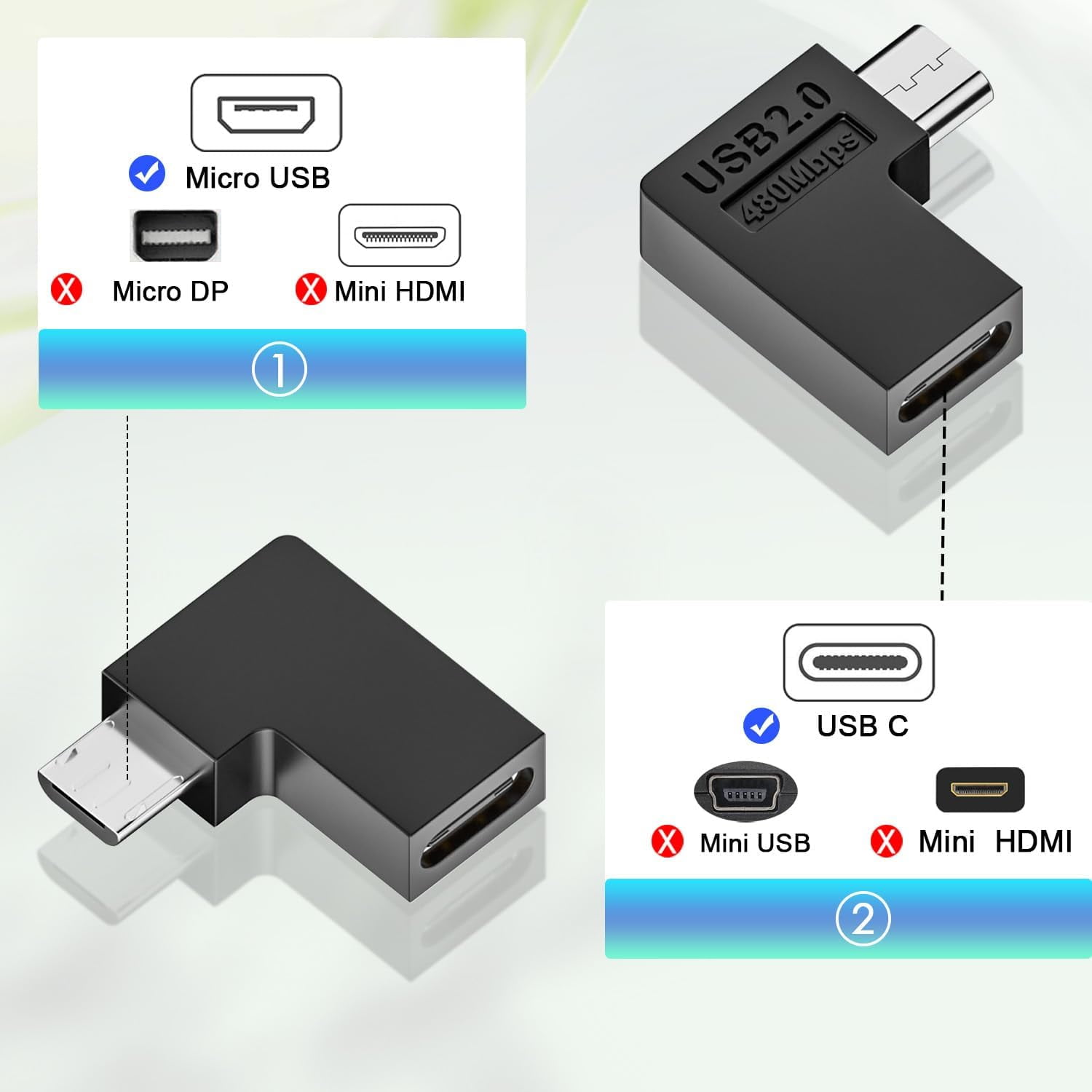 XUERUI-90 Angle USB C to Micro USB Adapter - 10W (5V2A) 480Mbps, Left ...