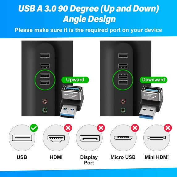 XUERUI-90 Degree USB 3.0 Adapter 2 Pack, (Up and Down) Right Angle USB ...