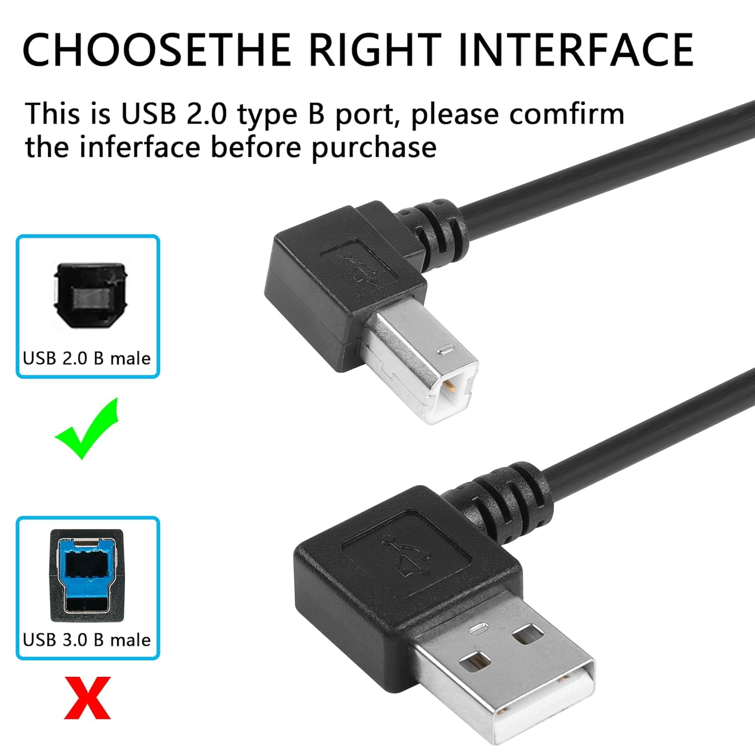 XUERUI-90 Degree USB A to B Cable, 1ft Left Angle USB 2.0 Type A Male ...