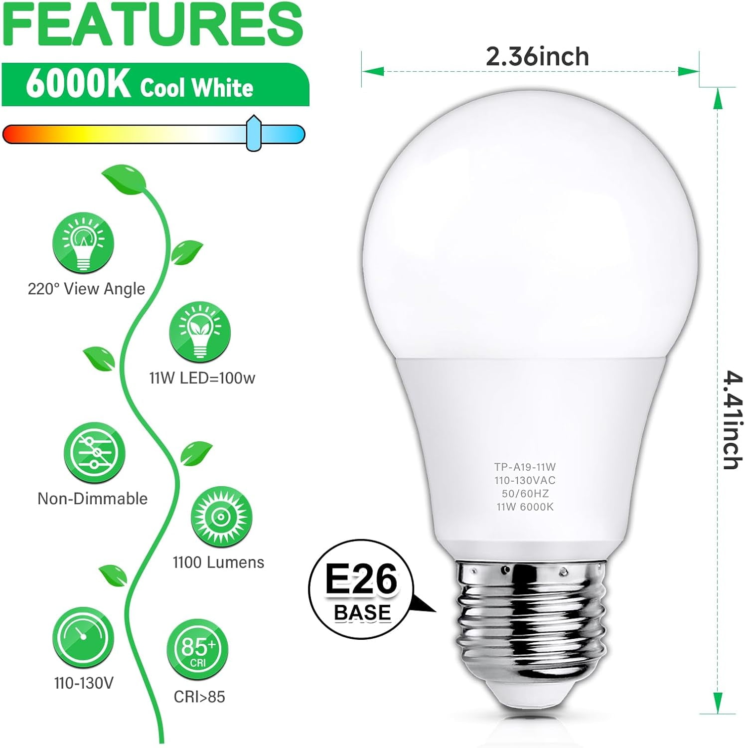 XUERUI-A19 LED Light Bulbs, 100 Watt Equivalent LED Bulb, 1100 Lumens ...