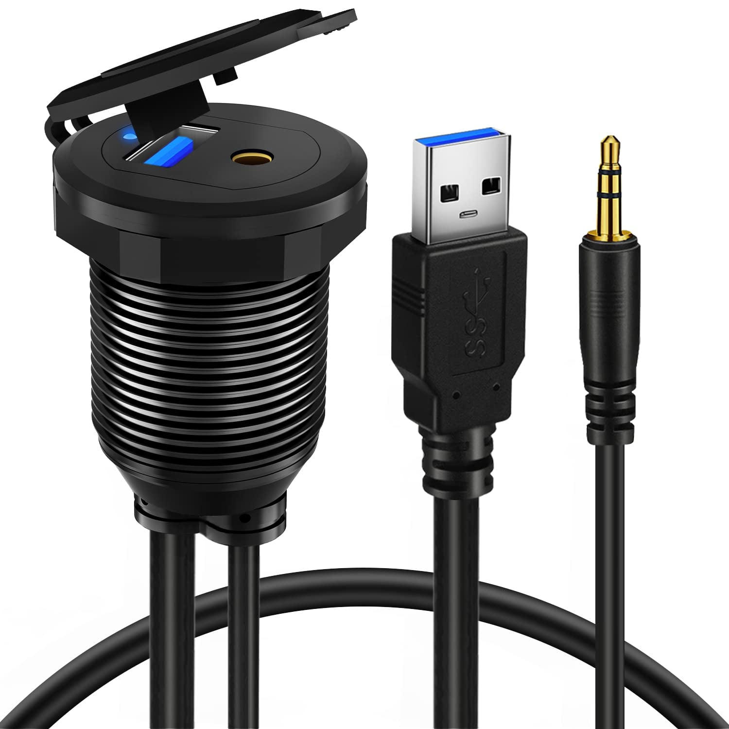 XUERUI-Alloy USB 3.0 AUX DC3.5mm Port Car Mount Flush Cable for Car Boat Motorcycle Dash Panel ...