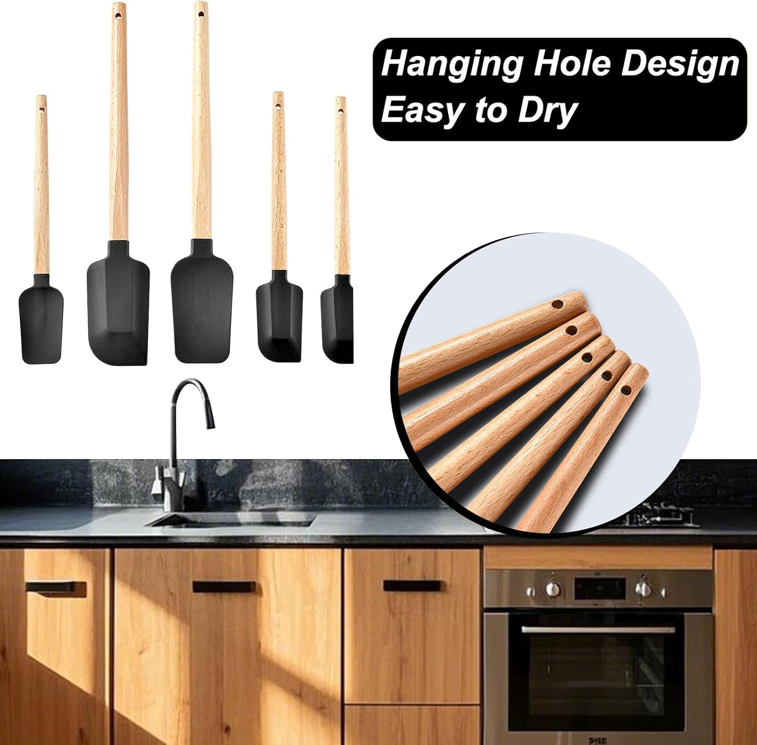 XUERUI-Black Silicone Spatula Set, Food Grade Rubber Spatula-5 Piece ...