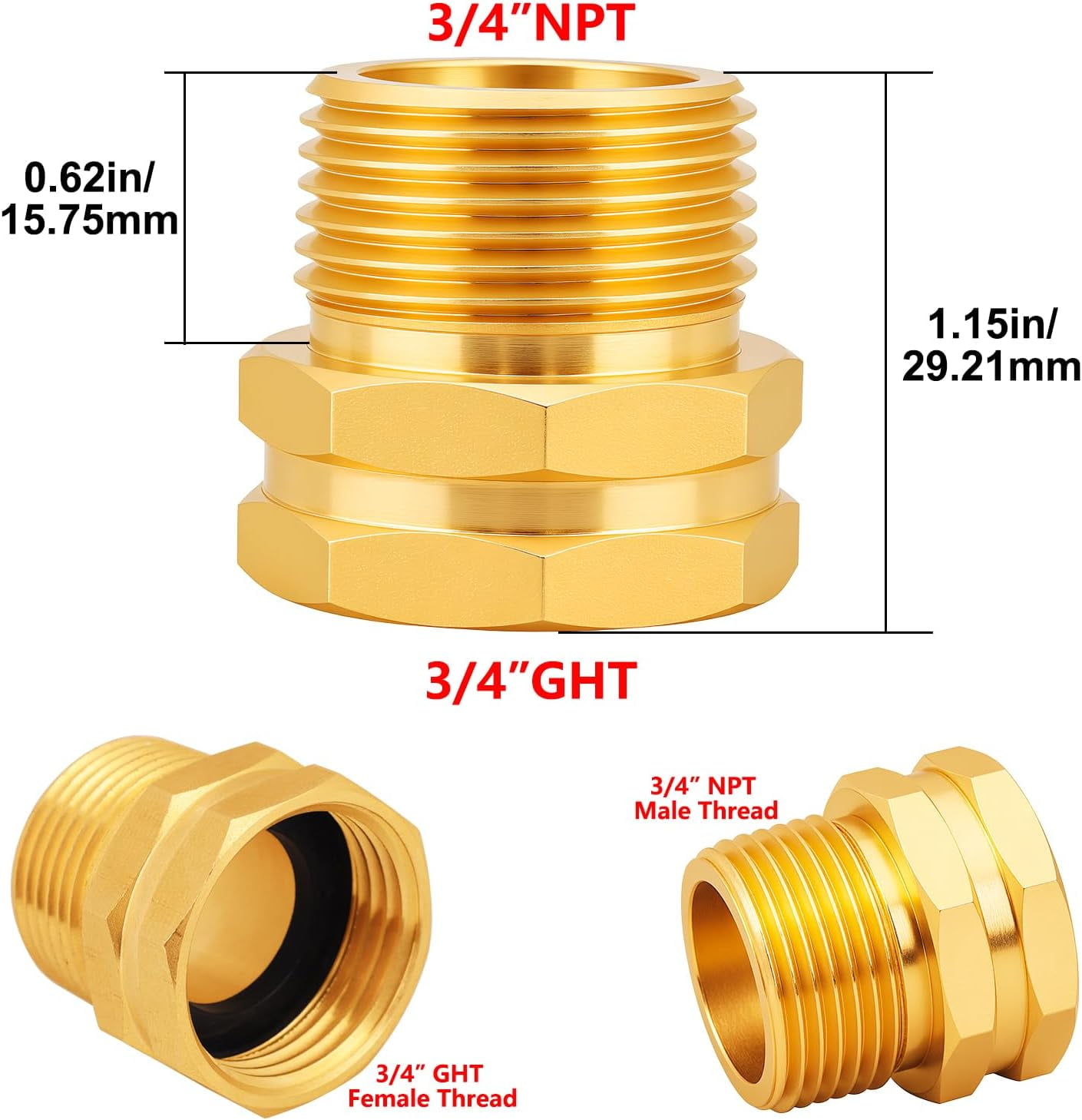 XUERUI-Brass Pipe to Garden Hose Adapter Connect 3/4" GHT Female x 3/4 ...