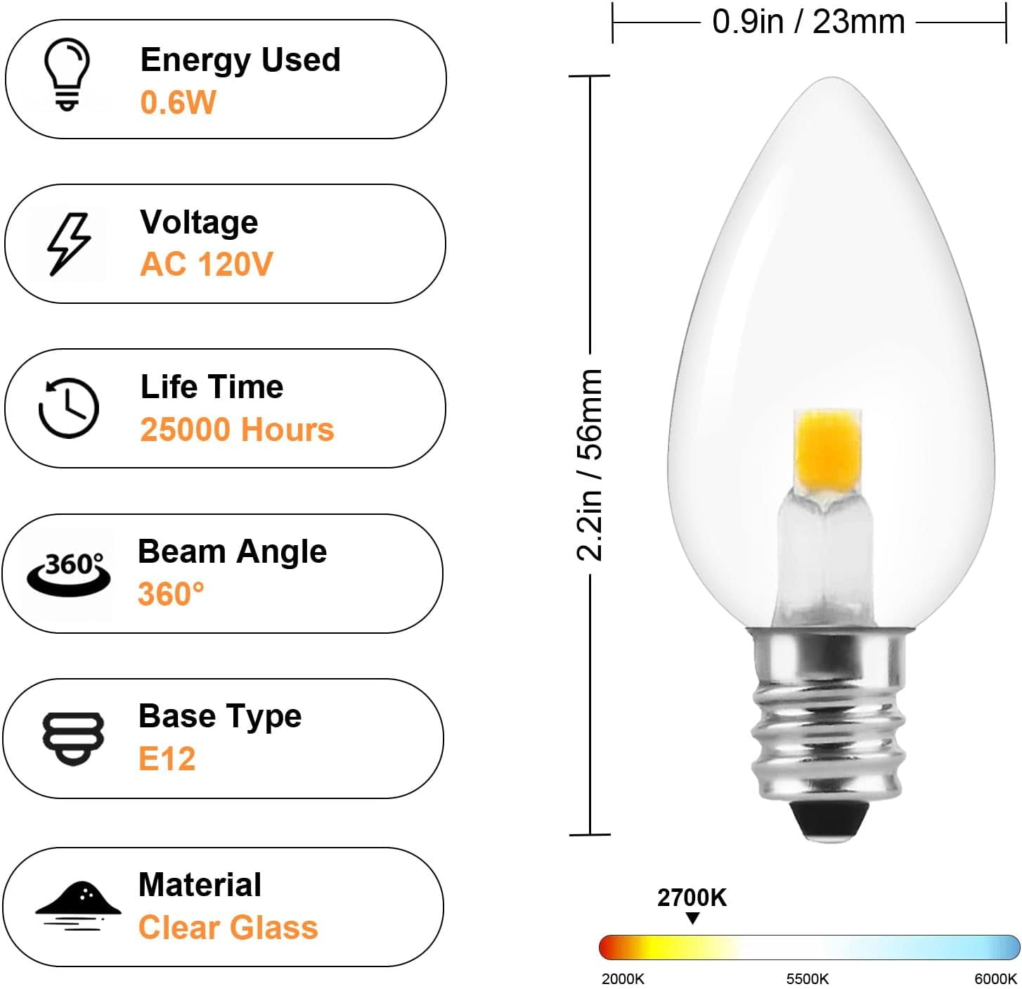XUERUI-C7 LED-COB Night Light Bulbs, E12 Base Candelabra Replacement ...