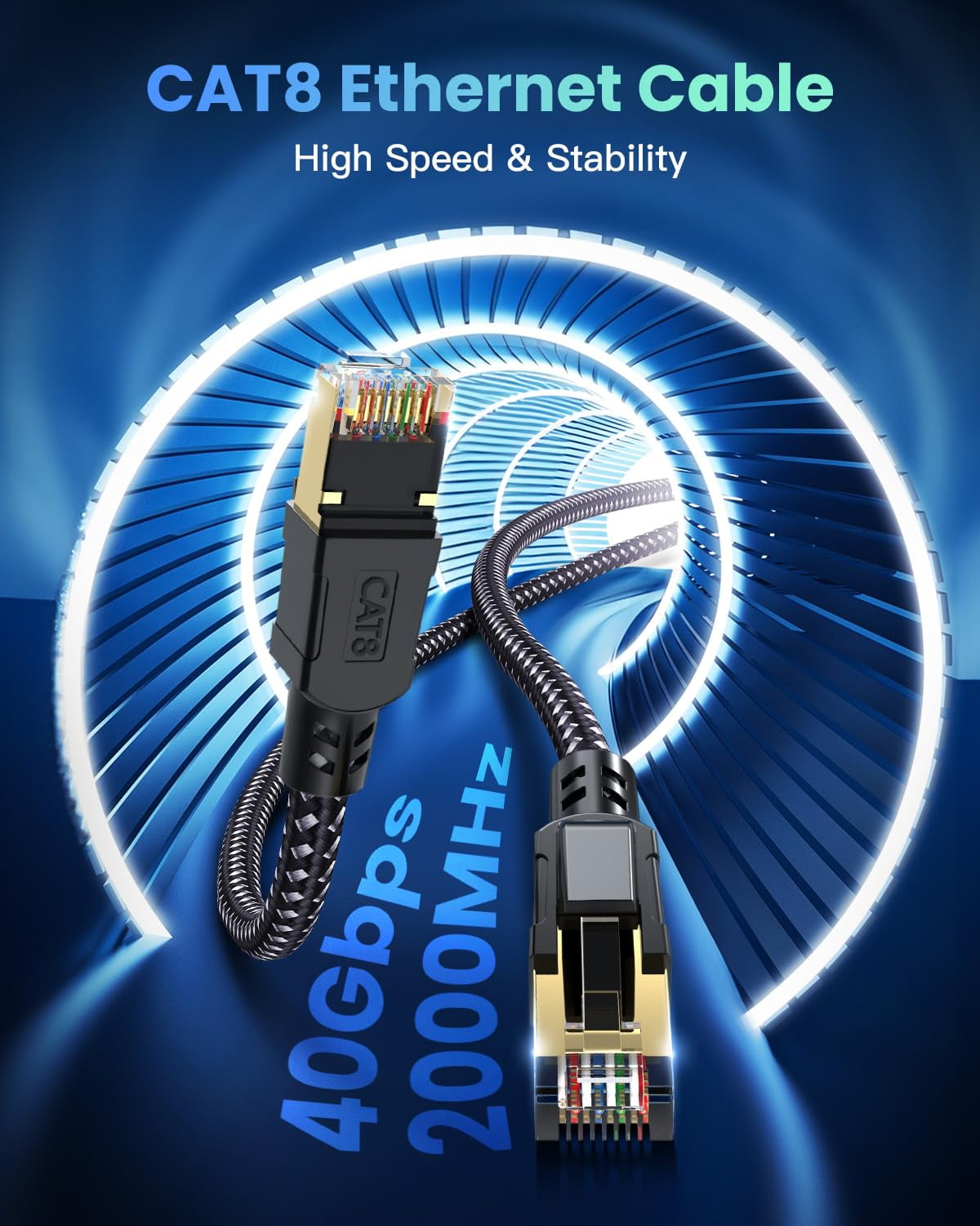 XUERUI-Cat 8 Ethernet Cable 40 FT, High Speed 40Gbps 2000Mhz Braided ...
