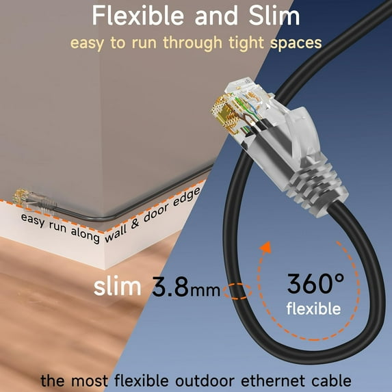 XUERUI-Cat6a Slim Ethernet Patch Cable 50ft Outdoor & Indoor, Flexible ...