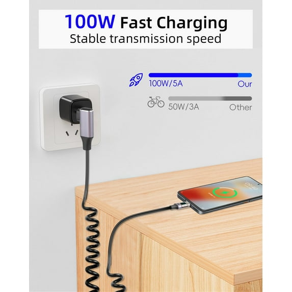 XUERUI-Coiled USB C to USB C Cable with LED Display, 90 Degree PD 100W ...