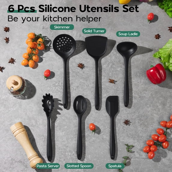 XUERUI-Cooking Utensils Set of 6, Black Silicone Kitchen Cooking ...