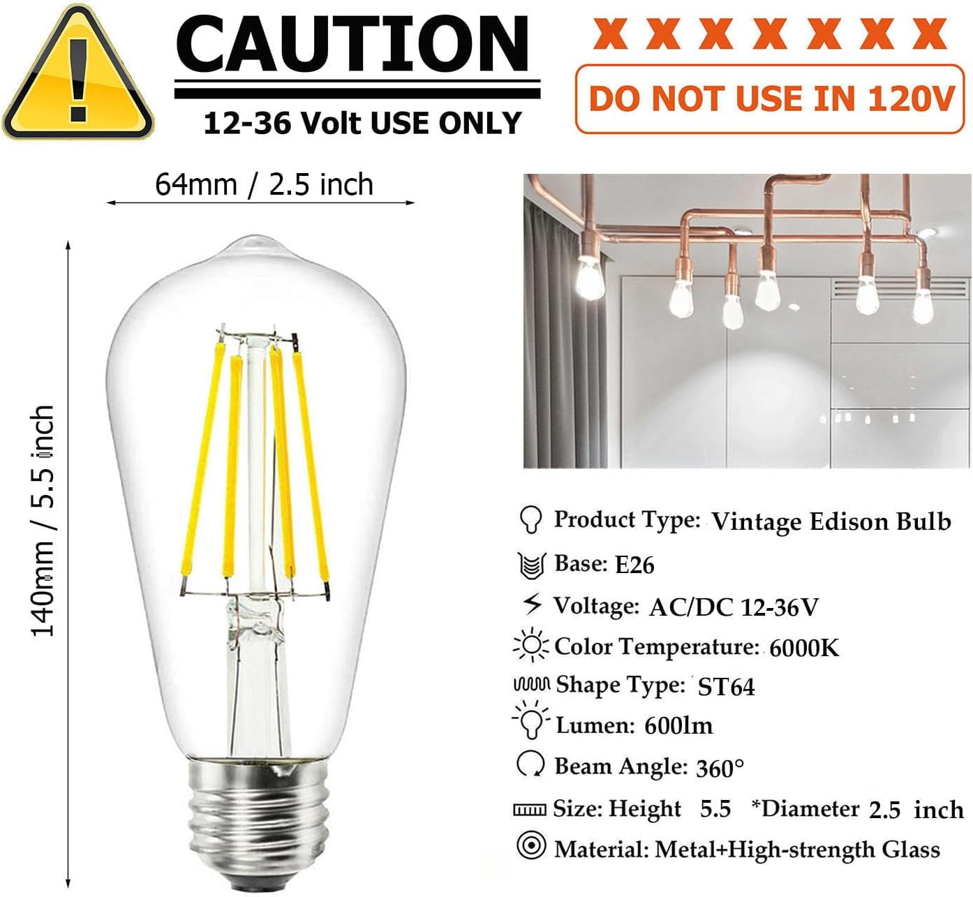 XUERUI-DC 12V ST64 LED Light Bulb 6000k 6W Daylight LED Edison Filament ...