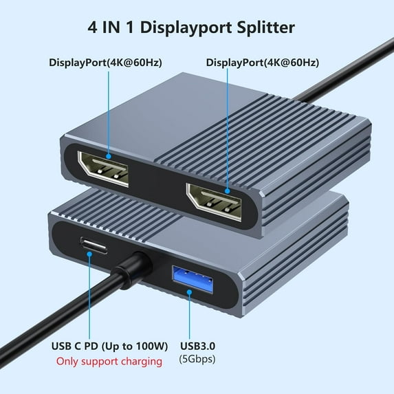 XUERUI-Display Port Splitter for Dual Monitors, 4K@60Hz USB C to Dual ...