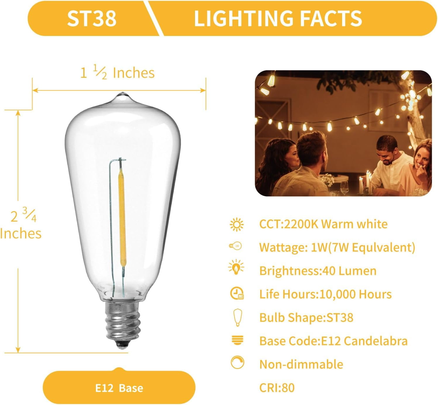 XUERUI-E12/C7 Base LED Replacement Bulbs for ST38 Outdoor String Lights ...
