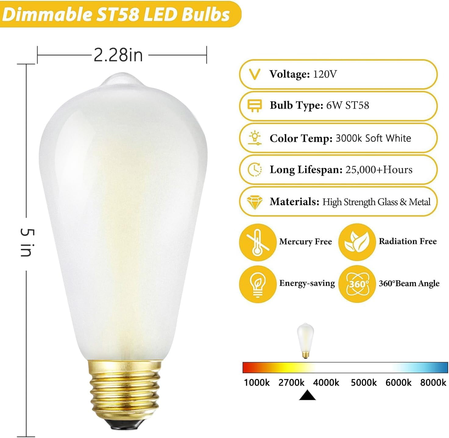 XUERUI-E26 Frosted LED Edison Bulbs, 6W Equivalent 60W,600LM,AC120V, Soft White 3000K,ST58 ...