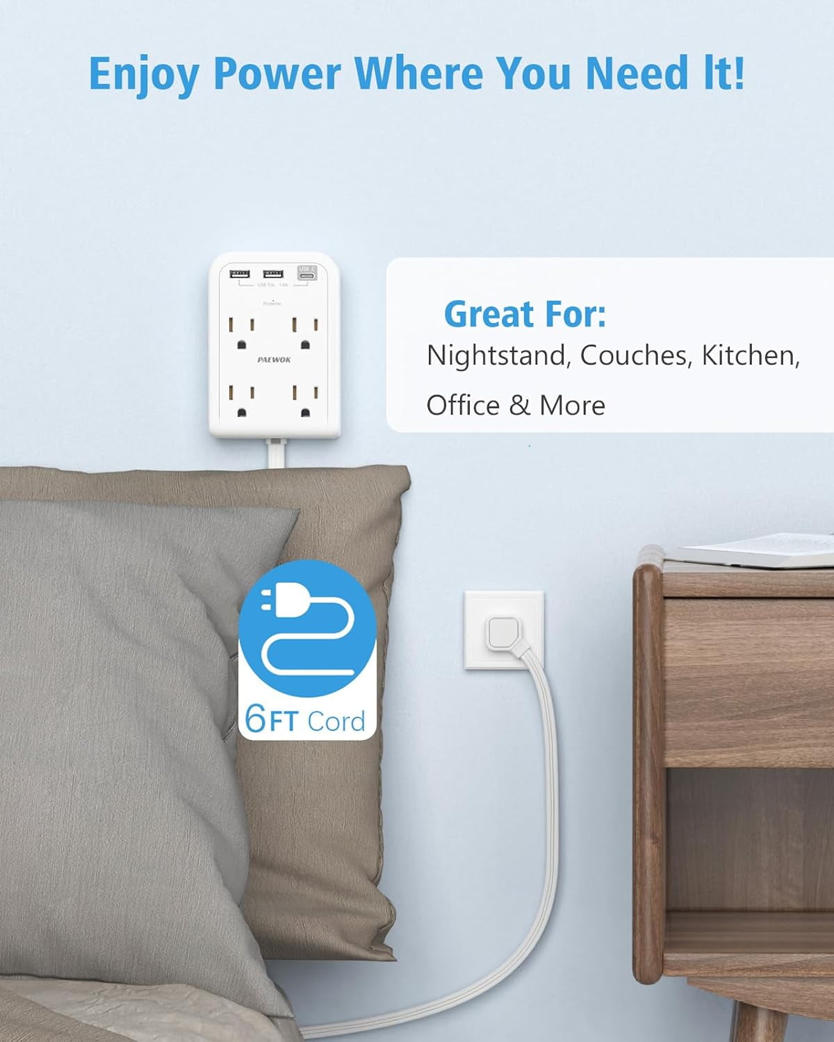 XUERUI-Flat Electrical Outlet Extender with USB C Ports, 4 Outlet 3 USB ...