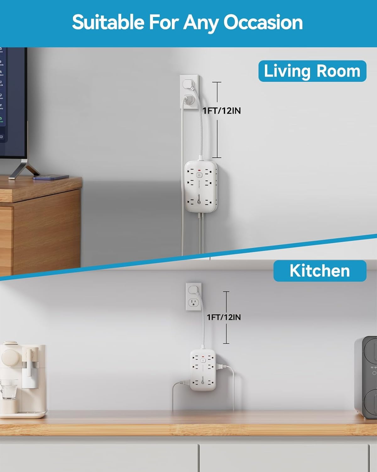 XUERUI-Flat Outlet Extender with 12 Inch Cord, Surge Protector Flat ...