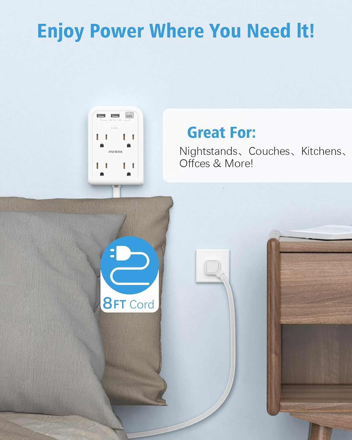XUERUI-Flat Plug Outlet Extender with 3 USB Wall Plug(1 Type C), 4 AC ...