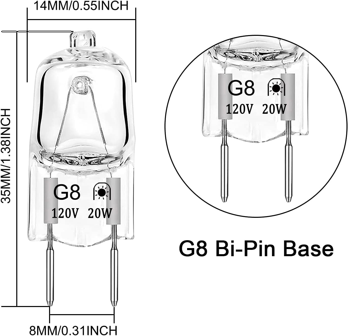 XUERUI-G8 Halogen Bulb 20W 120V Dimmable T4 JCD Type G8 Base Bi-Pin ...