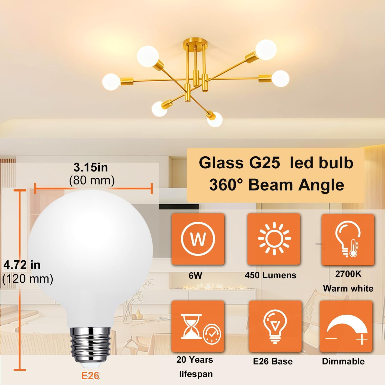 XUERUI-Glass G25 LED Light Bulbs Dimmable 60W, 4 Pack No Flicker 2700K ...