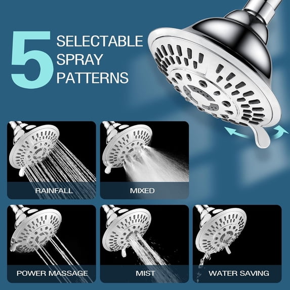 XUERUI-High Pressure Rain Shower Head, Fixed Shower Head with 5 Spray ...