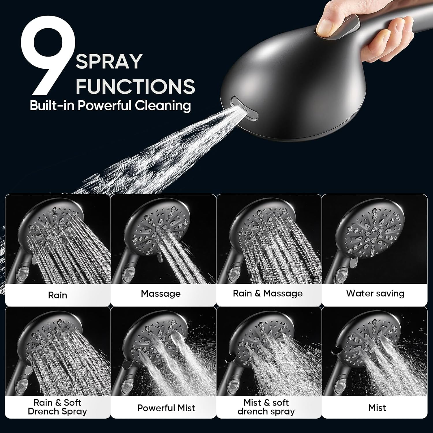 XUERUI-High Pressure Shower Head with Built-in Pause Button, 9-Function ...