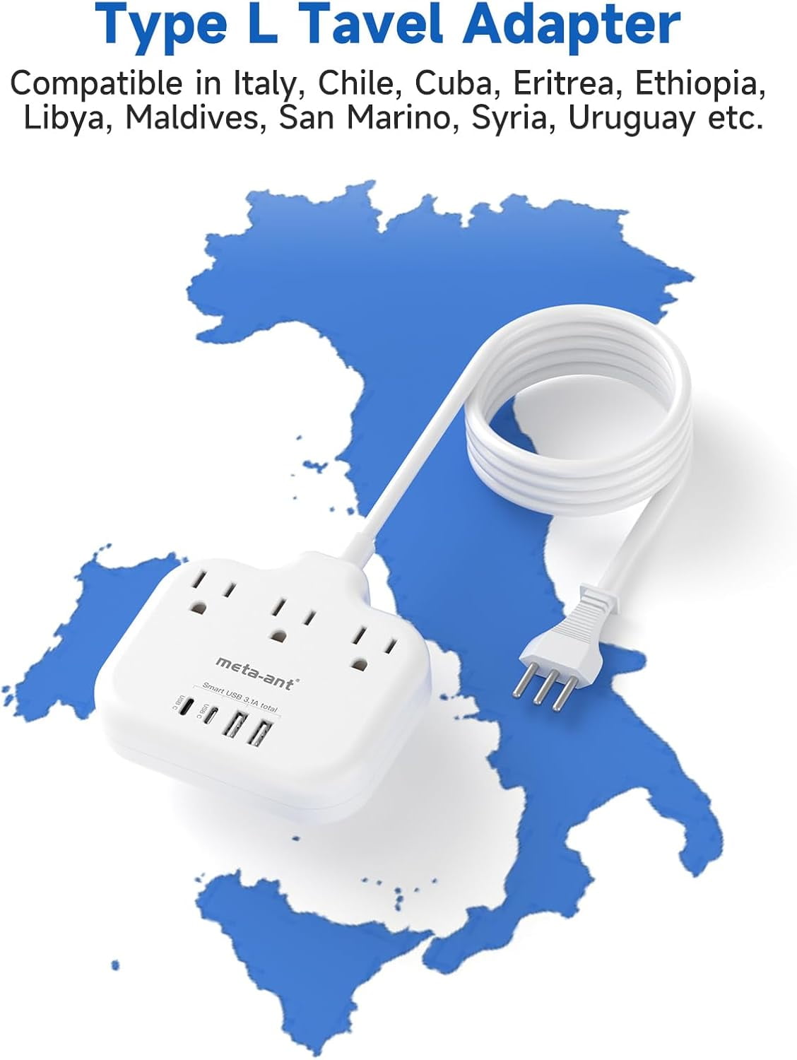 XUERUI-Italy Travel Plug Adapter with 5FT Extension Cord, Italy Power ...
