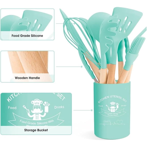 XUERUI-Kitchen Utensils Set Silicone Kitchen Utensils Set with Wooden ...