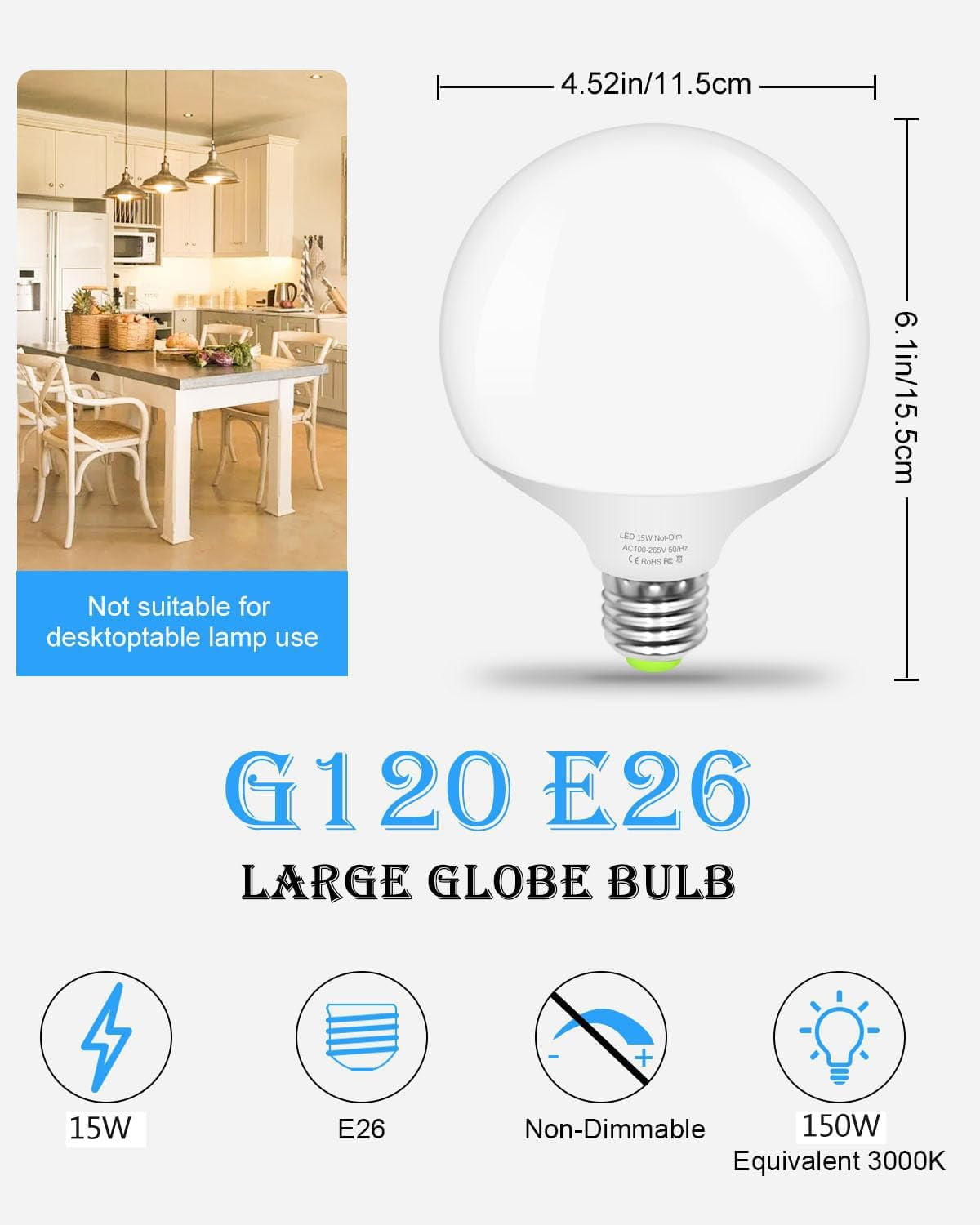 XUERUI-LED Light Bulb, G120 Large Globe Bulb, 15W(150W 200W Equivalent ...