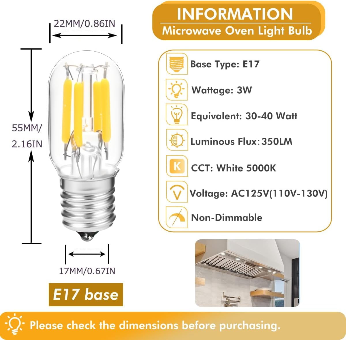 XUERUI-Microwave Oven Light Bulb 3W 125V E17 LED Bulb T22 (40W ...