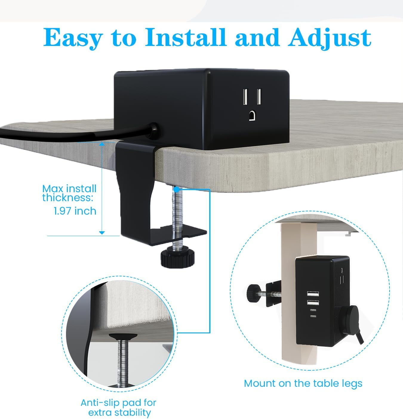 XUERUI-PD20W Desk Clamp Power Strip, Desktop Mount Surge Protector ...